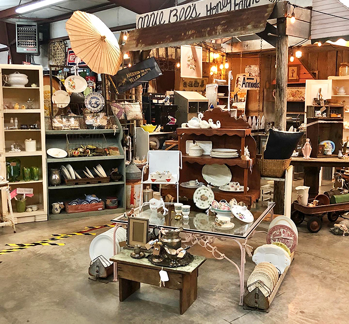 A charming vignette of vintage dishware and decorative items creates an instant nostalgia trip—your grandmother would approve of this collection.