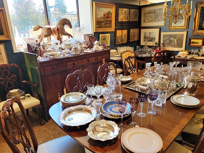 A dining table that's seen more elegant conversations than Downton Abbey, surrounded by silver and crystal waiting for their next soirée.