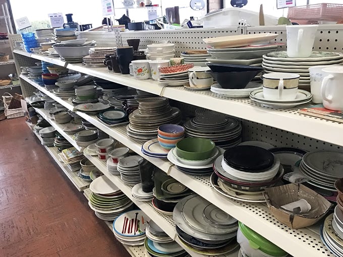 Plates stacked like geological layers – each pattern a time capsule from someone's dinner parties of decades past.
