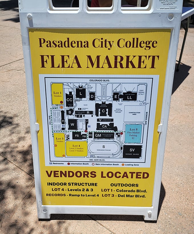 The market map—your treasure hunting GPS—reveals the sprawling layout where antique dreams and vintage realities converge across multiple parking lots.