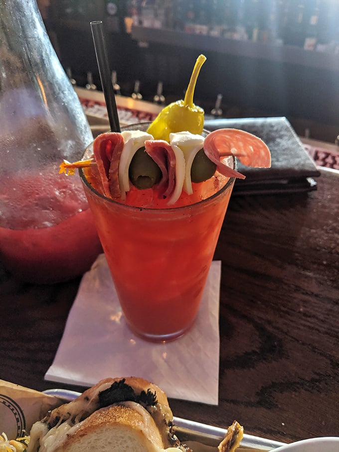 Their Bloody Mary comes fully loaded like a Pittsburgh pothole repair truck—garnished with enough snacks to count as an appetizer.
