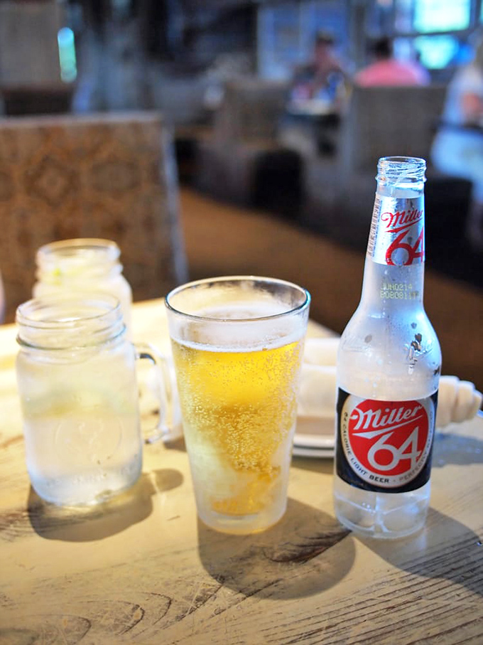 Nothing complements a lakeside meal like a cold beer in a frosty glass. This Miller 64 isn't just refreshing—it's practically mandatory hydration.