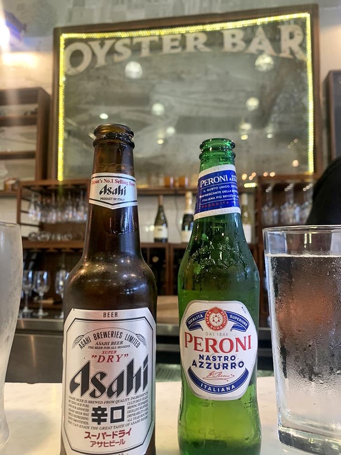 When Asahi meets Peroni at the oyster bar, it's not just a drink—it's an international summit of refreshment.