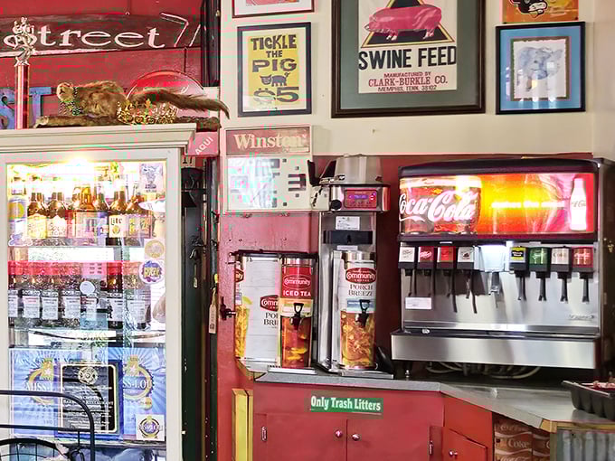 The drink station—where sweet tea flows like liquid sunshine, ready to cut through the rich smokiness of your barbecue feast.