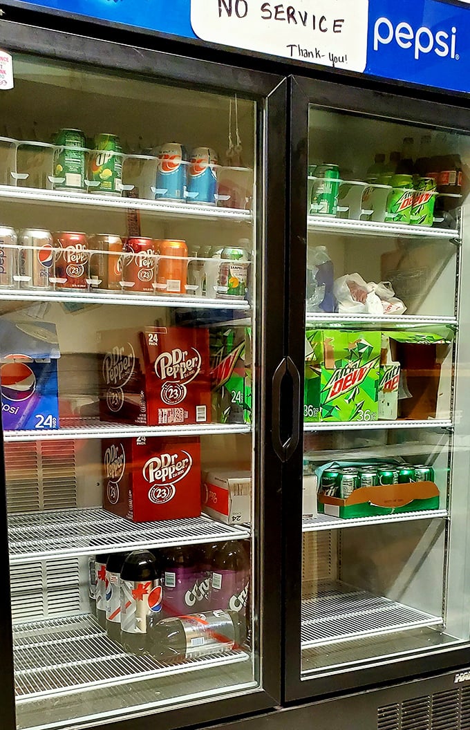 The beverage cooler—a colorful oasis of fizzy possibilities. Dr. Pepper and Mountain Dew standing by, ready to cut through that pizza richness.