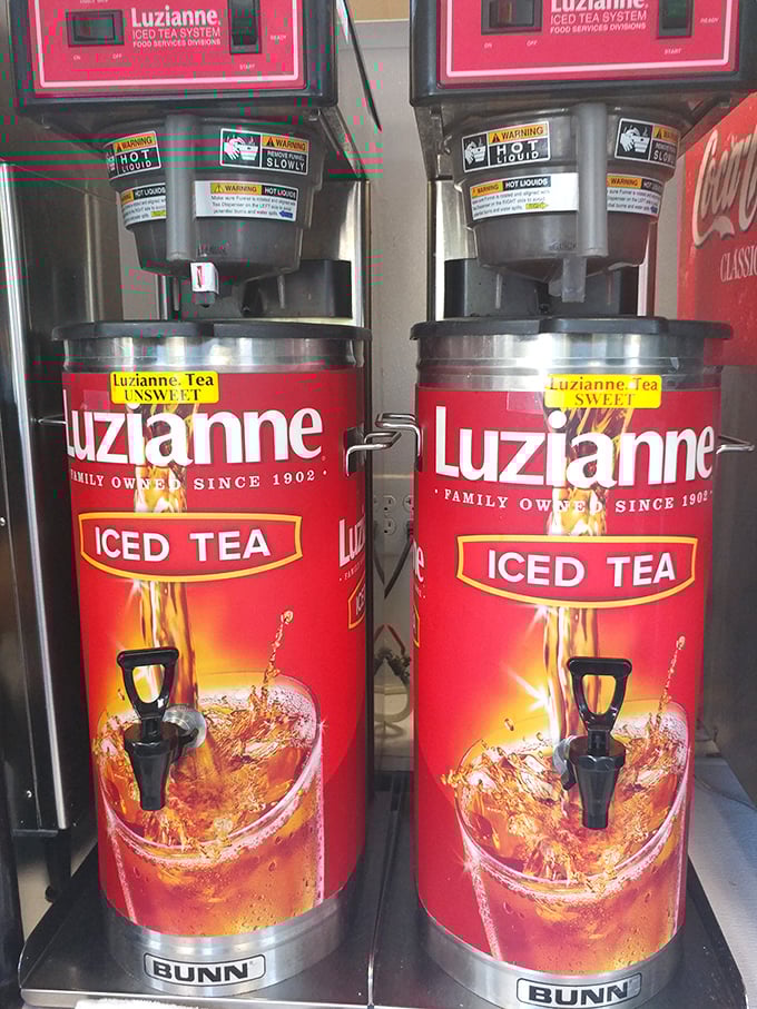 Sweet tea dispensers standing like sentinels of Southern hospitality. In Florida, these aren't just drinks—they're liquid air conditioning.