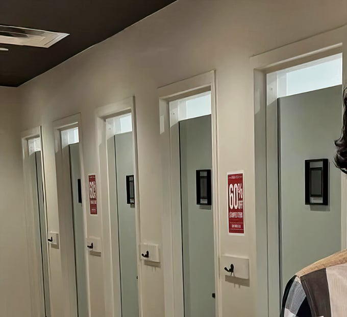 Fitting room nirvana – spacious, clean, and mercifully free of that weird smell that haunts most secondhand shops.