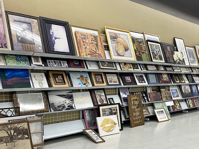 The wall of frames offers everything from inspirational quotes to forgotten artwork—someone's discarded decor becomes your statement piece.
