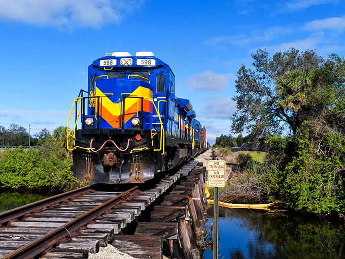 Engine 596 commands attention with its bold chevron design—like a mechanical peacock strutting through Florida's subtropical landscape.