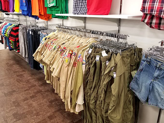 Military-precision organization in the clothing section – these aren't just secondhand clothes, they're pre-loved fashion waiting for their comeback tour.