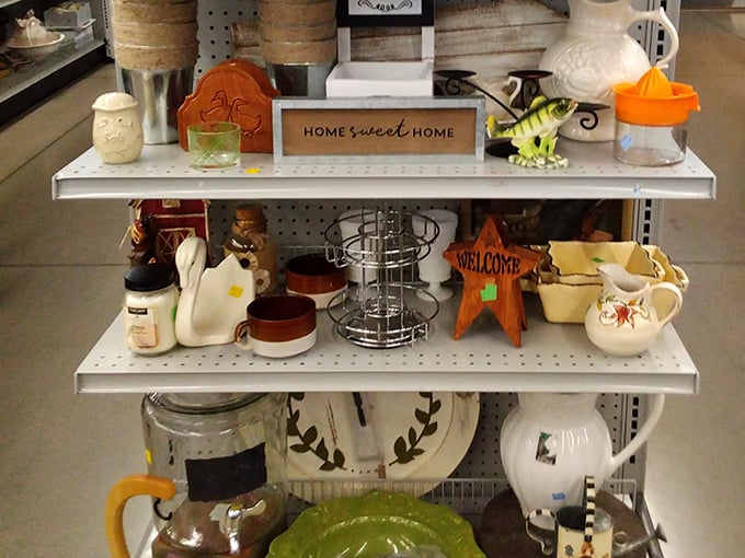 Home Sweet Home indeed! Farmhouse chic meets eclectic charm on these shelves. Someone's discarded décor becomes your conversation piece for less than a fancy coffee.