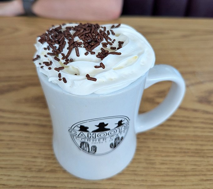 Not just hot chocolate, but a mug of liquid nostalgia topped with whipped cream and chocolate sprinkles—childhood in drinkable form.