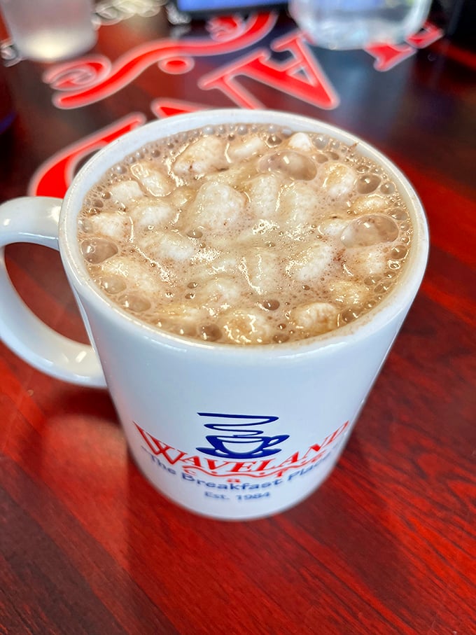 Steam rises from a mug of hot chocolate so thick it's practically pudding. The Waveland logo peeks through—a promise of comfort in ceramic form.