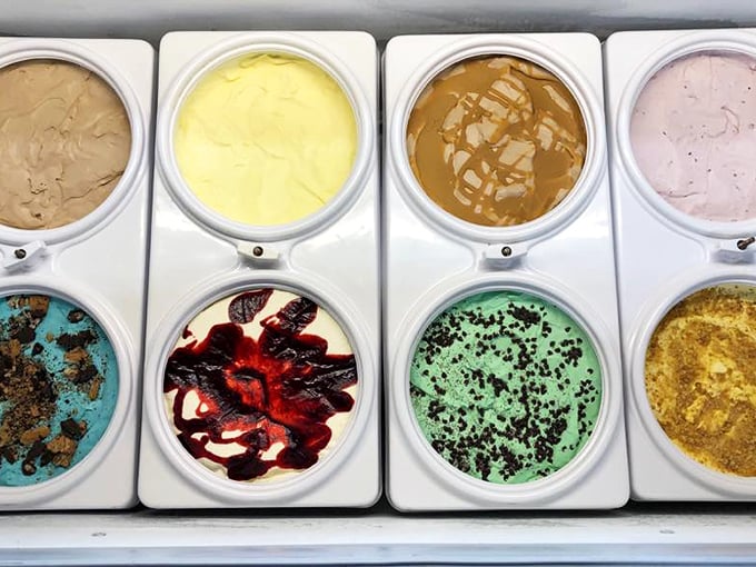 The ice cream case—where flavor dreams come true. That mint chocolate chip is calling your name louder than your grandkids at Christmas.