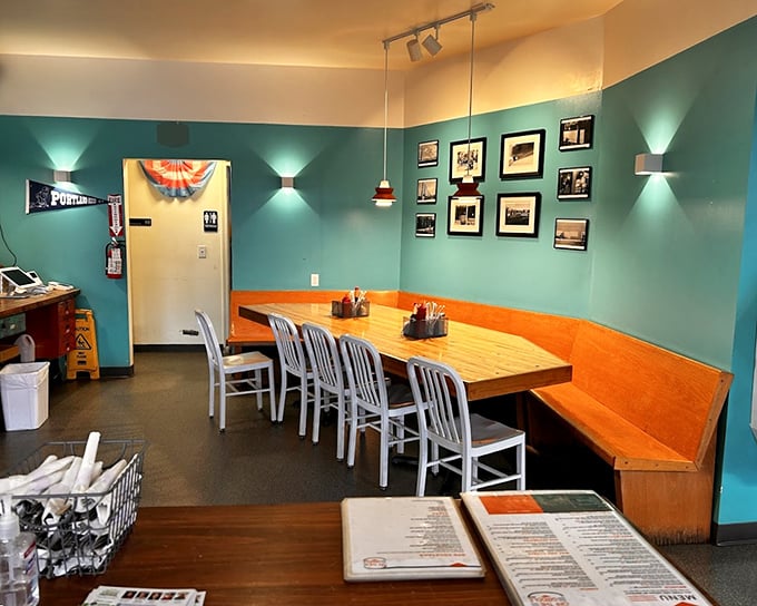 Teal walls and wooden booths create the perfect neighborhood hangout where strangers become friends over plates of plant-based perfection.