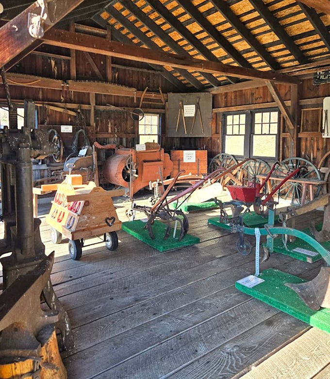 Where tools tell tales of callused hands and honest work. This barn workshop houses implements that built America long before power tools made everything sound like a dental appointment.