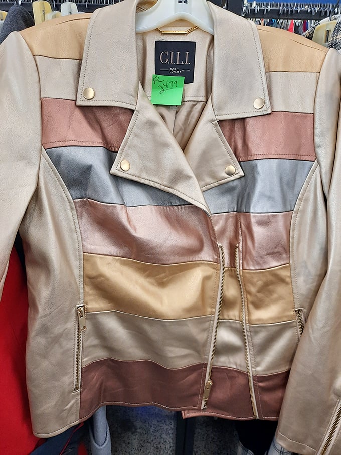 This color-blocked leather jacket screams 1980s in the best possible way, ready for its second act.
