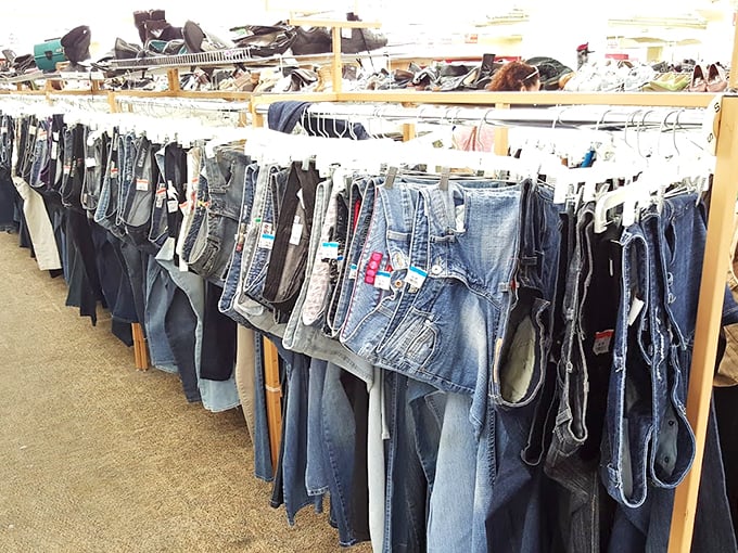 The denim wall—where jeans of every era hang like a fashion timeline, from bell-bottoms that witnessed Woodstock to skinny jeans that saw Instagram's birth.