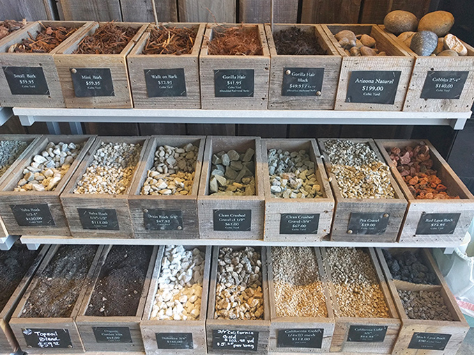 Natural landscaping materials displayed in rustic bins offer everything your garden needs to finally look like those magazine photos.
