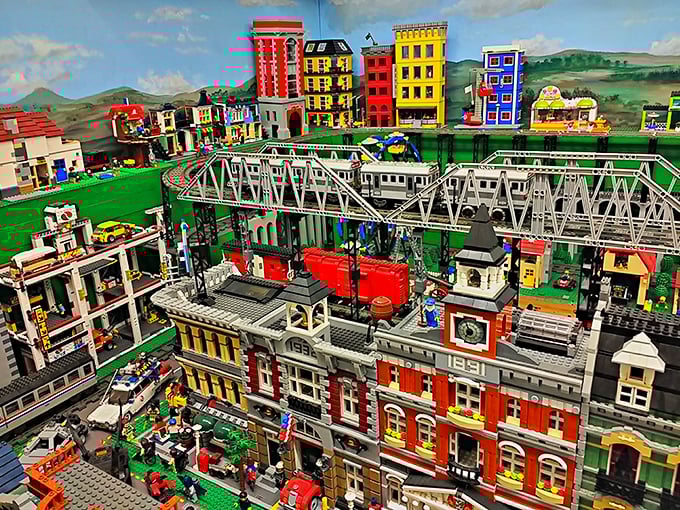 The LEGO train exhibit showcases incredible detail—proving that childhood obsessions can become sophisticated art forms.