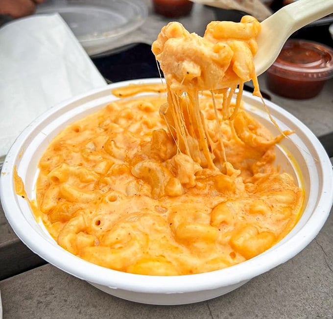 Mac and cheese so creamy it defies physics. That spoonful stretching skyward is the dairy equivalent of the Sistine Chapel's reaching hands.