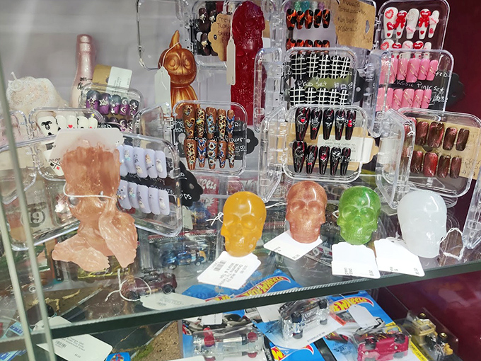 Even the quirky finds its place here—colorful skull sculptures proving that yesterday's odd is today's conversation starter.