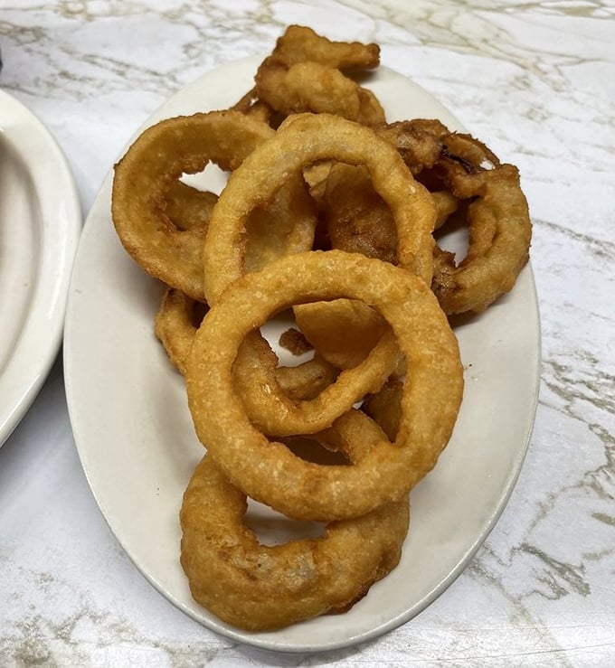 Onion rings that achieve that perfect balance—crisp enough to make a satisfying crunch, yet tender enough inside to remind you why simple pleasures endure.
