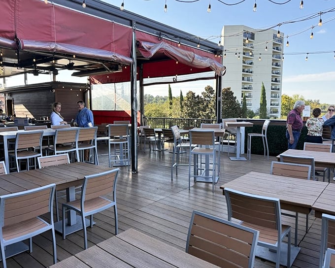 The rooftop dining area offers Columbia skyline views and fresh air—proving that sometimes the best sauce is the great outdoors.