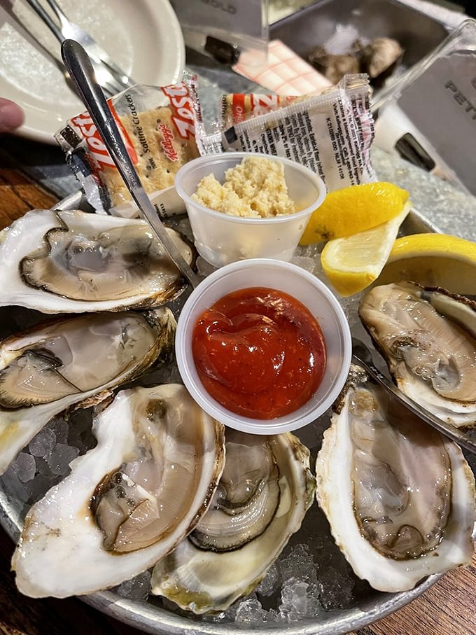 Fresh oysters on ice with all the fixings – nature's perfect appetizer. Each slurp is like catching a wave in the middle of Nebraska.
