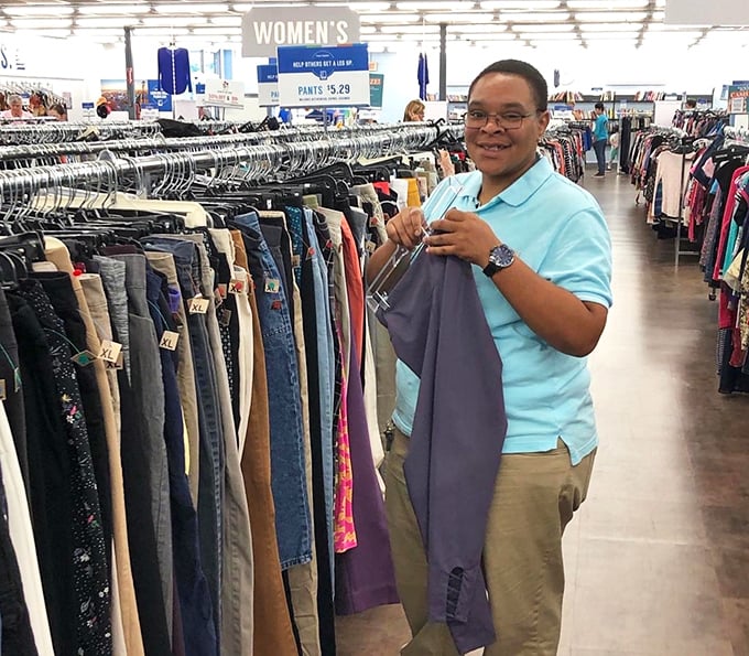 Women's pants organized by size and style, stretching into the distance like a denim and polyester promised land.