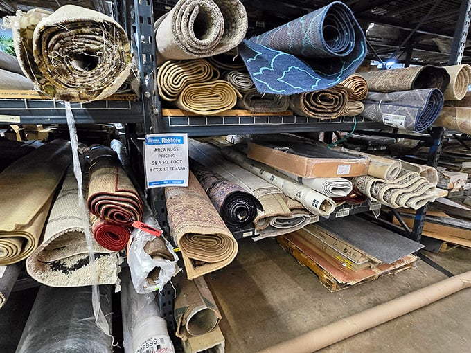 The rug collection unfurls possibilities—each roll containing someone's future "this really ties the room together" moment of decorating triumph.