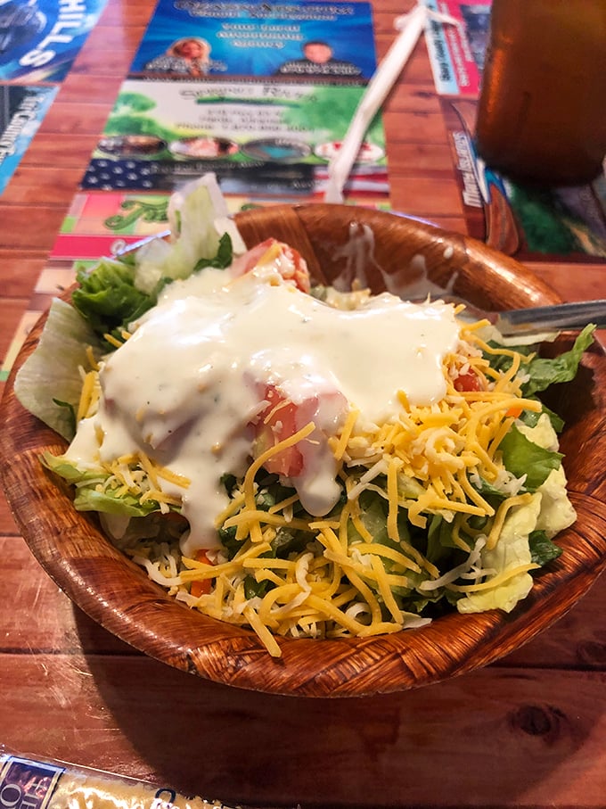 Even the salad comes with a side of indulgence—proof that vegetables can have personality when they're dressed right.