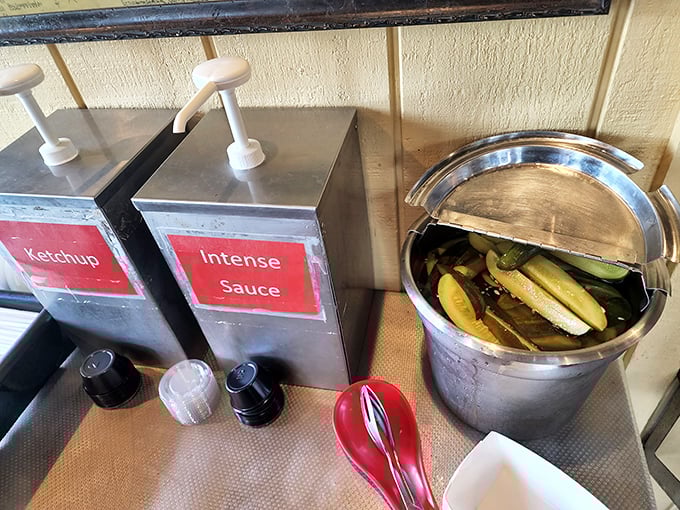 The condiment station – where "Intense Sauce" isn't describing your ex, but the magical elixir about to transform your meal.