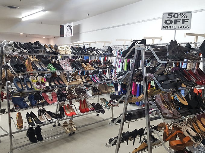 The shoe section—a footwear fantasy where Cinderella could find her perfect fit without waiting for a fairy godmother or royal budget.