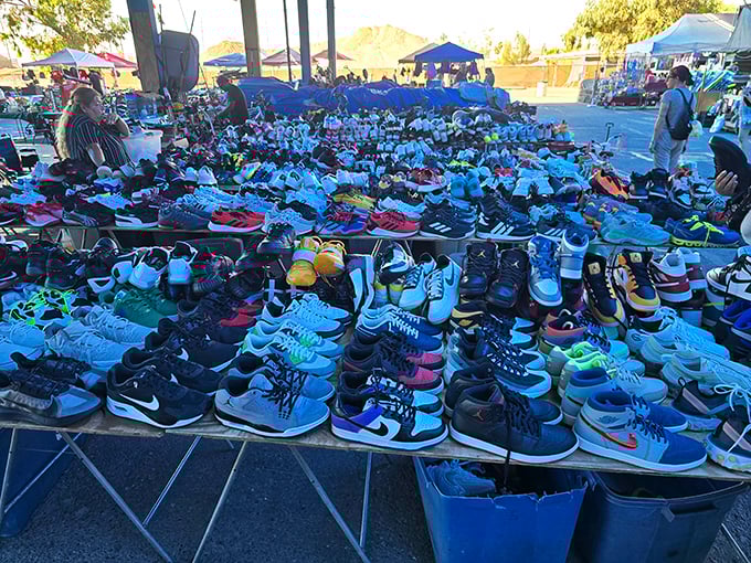 Sneakerhead nirvana spreads across the asphalt, where Nike, Adidas, and every other brand imaginable wait for their perfect match.