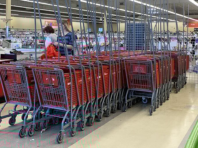 The red chariot fleet awaits your shopping adventure. These carts have seen things—mostly great deals and occasional impulse purchases.