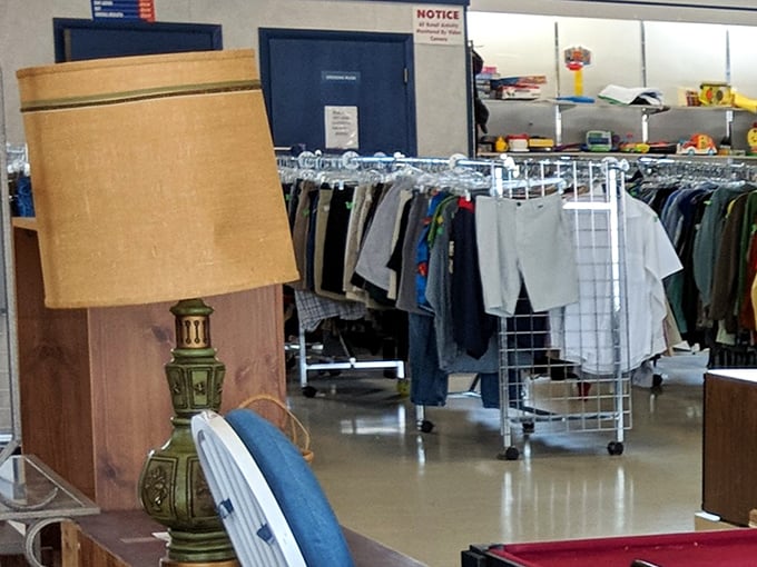Lamps, clothing racks, and the promise of discovery stretch into the distance—a retail safari where patience is rewarded with unexpected finds.