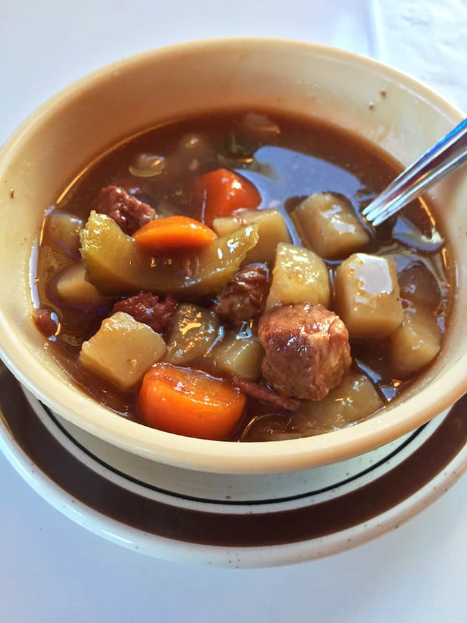 This isn't just soup—it's a savory swimming pool for those chunks of tender beef and vegetables. Spoon-worthy in every sense.