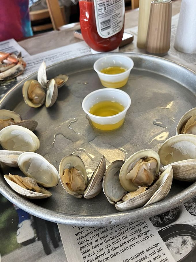 Steamed clams that have opened up to reveal their secrets – simple, honest seafood that needs nothing more than drawn butter.