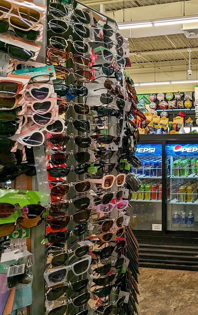 A spinning rack of sunglasses offers style at a steal – because looking like a movie star shouldn't require a Hollywood budget.