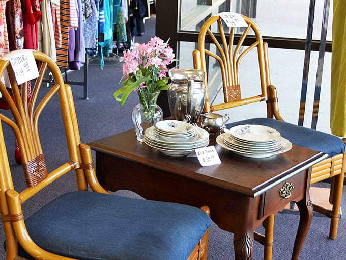 A dining set staged with vintage charm. Those bamboo chairs paired with delicate china create an instant "I inherited this from my stylish aunt" vibe.