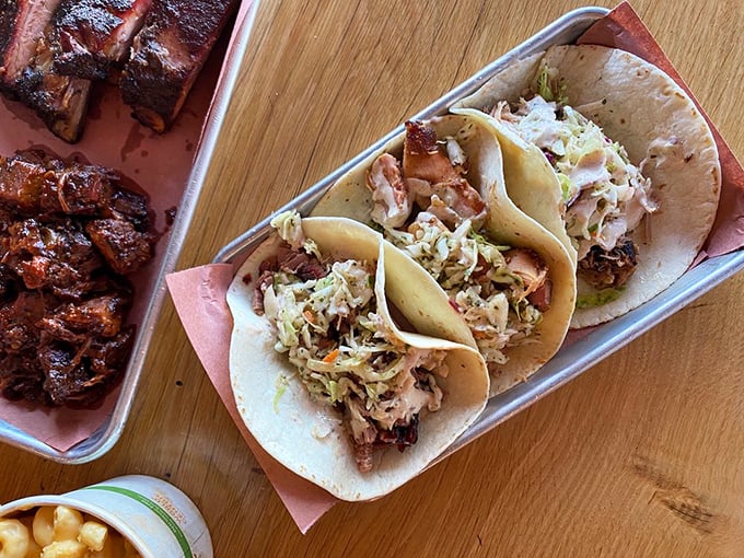 Tacos that prove BBQ knows no boundaries. Pulled meat and fresh slaw nestled in soft tortillas—a cross-cultural romance that works beautifully.