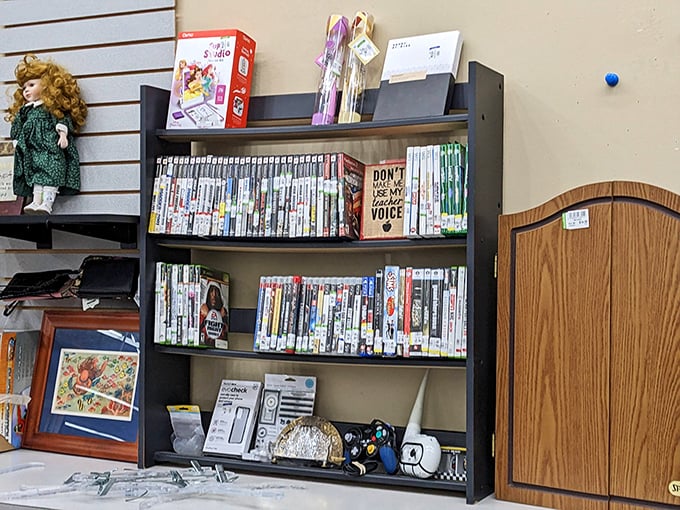 DVDs, decorative items, and random treasures line these shelves like a museum of forgotten household dreams.