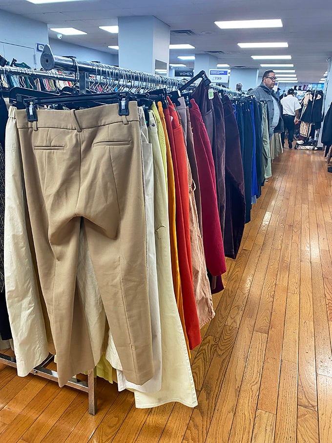 The rainbow of slacks – because in New York, even your pants should make a statement louder than a taxi horn at rush hour.