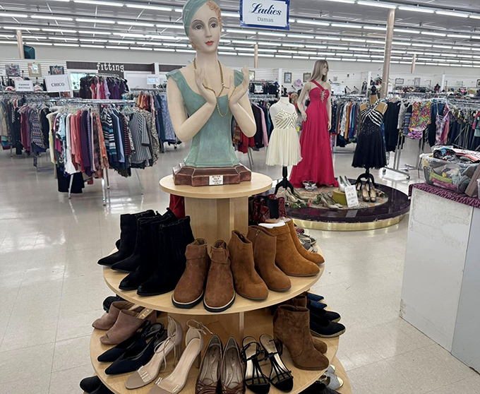Footwear displayed with department store flair. Those boots weren't made just for walking—they were made for saving money.