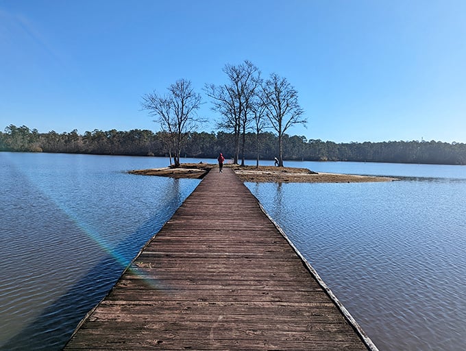 The wooden walkway stretches toward a tiny island that feels like your own private kingdom—at least until the next family arrives with their picnic basket.