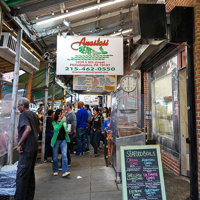 Anastasi Seafood: That hand-painted sign and nautical rope fence tell you everything—this place takes seafood seriously, Italian Market style.