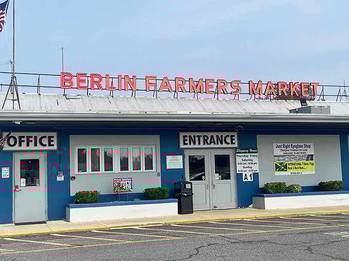 That classic red-letter welcome sign promises old-school market magic waiting just beyond those humble doors.