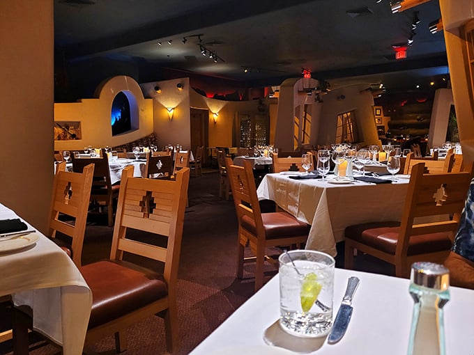 Sleek modern design signals serious steakhouse business happening behind those sophisticated glass doors and dark frames.
