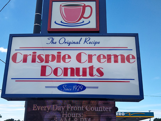 Crispie Creme's vintage sign proudly announces its 1929 heritage—a testament to doing one thing perfectly for nearly a century.